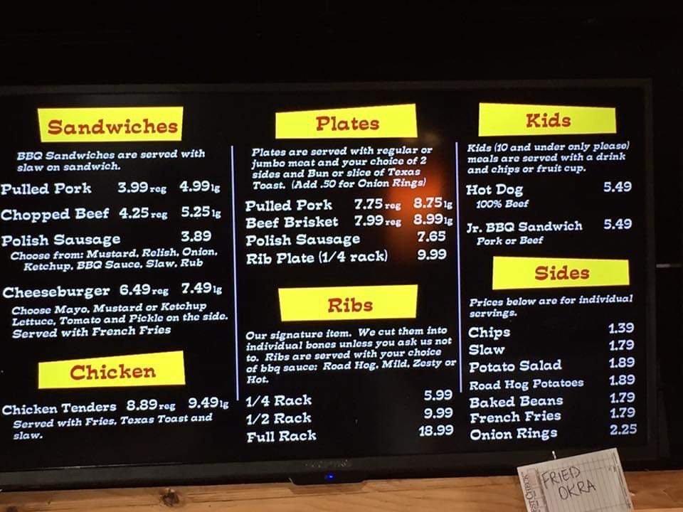 Menu at Suttle's Road Hog BBQ, Beebe