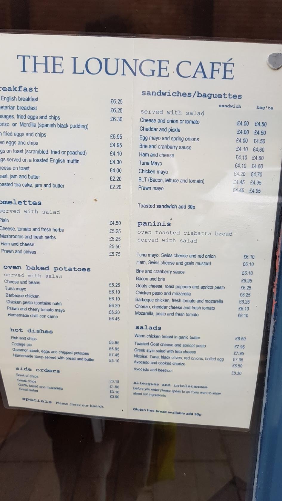 Menu at The Lounge Cafe, Abingdon
