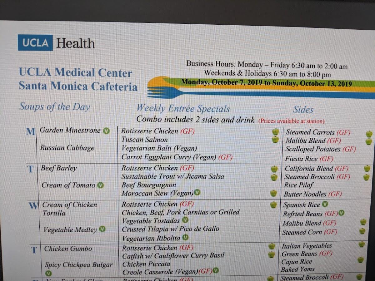 Menu at UCLA Santa Monica Medical Center - Cafeteria, Santa Monica