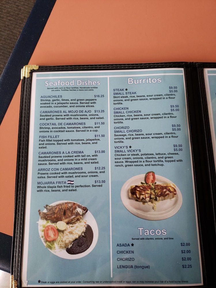 Menu at Vicky's Salvadorian Restaurant, Centralia