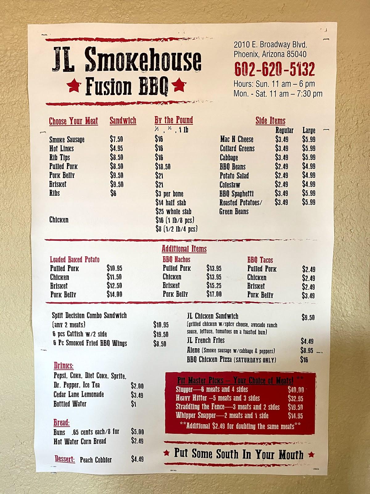 Menu at AT JL Smokehouse BBQ, Phoenix, E Broadway Rd