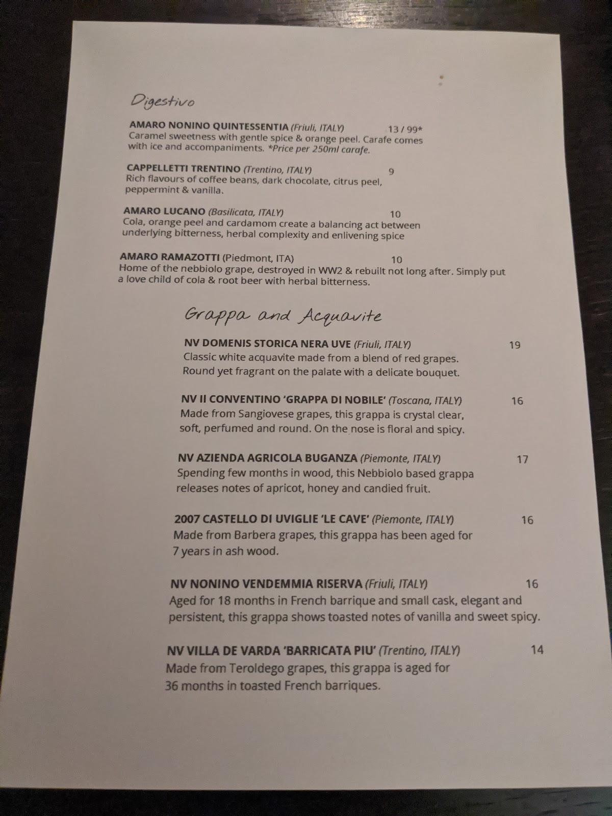 Menu at BISTECCA restaurant, Sydney