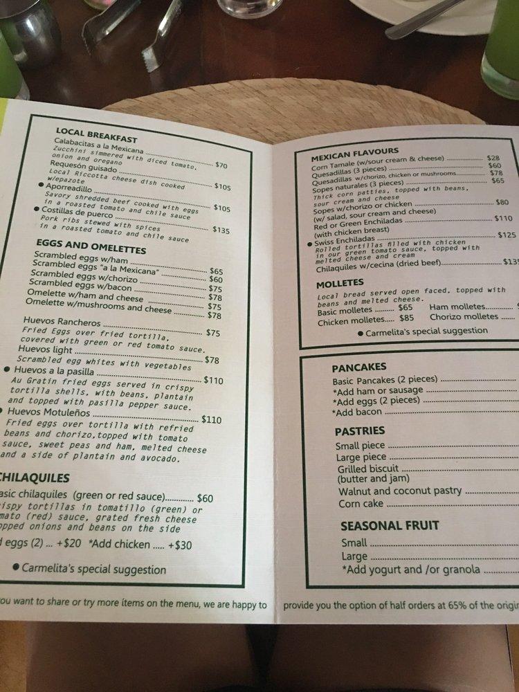 Menu at Carmelitas Café, Zihuatanejo, Avenida