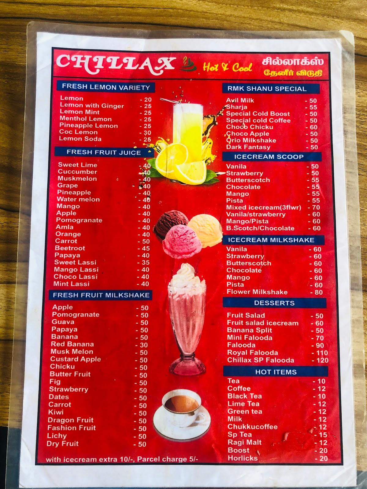 Menu at Chillax bakery, Tambaram Corporation, Mudichur