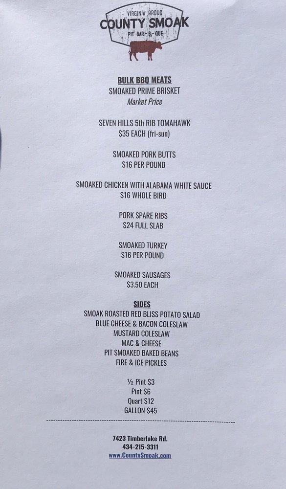 Menu at County Smoak BBQ, Lynchburg