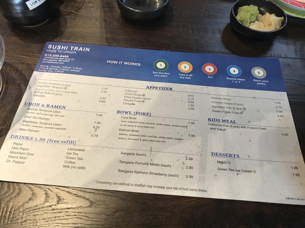 Menu at Sushi Train restaurant, Minneapolis, Nicollet Mall STE C3