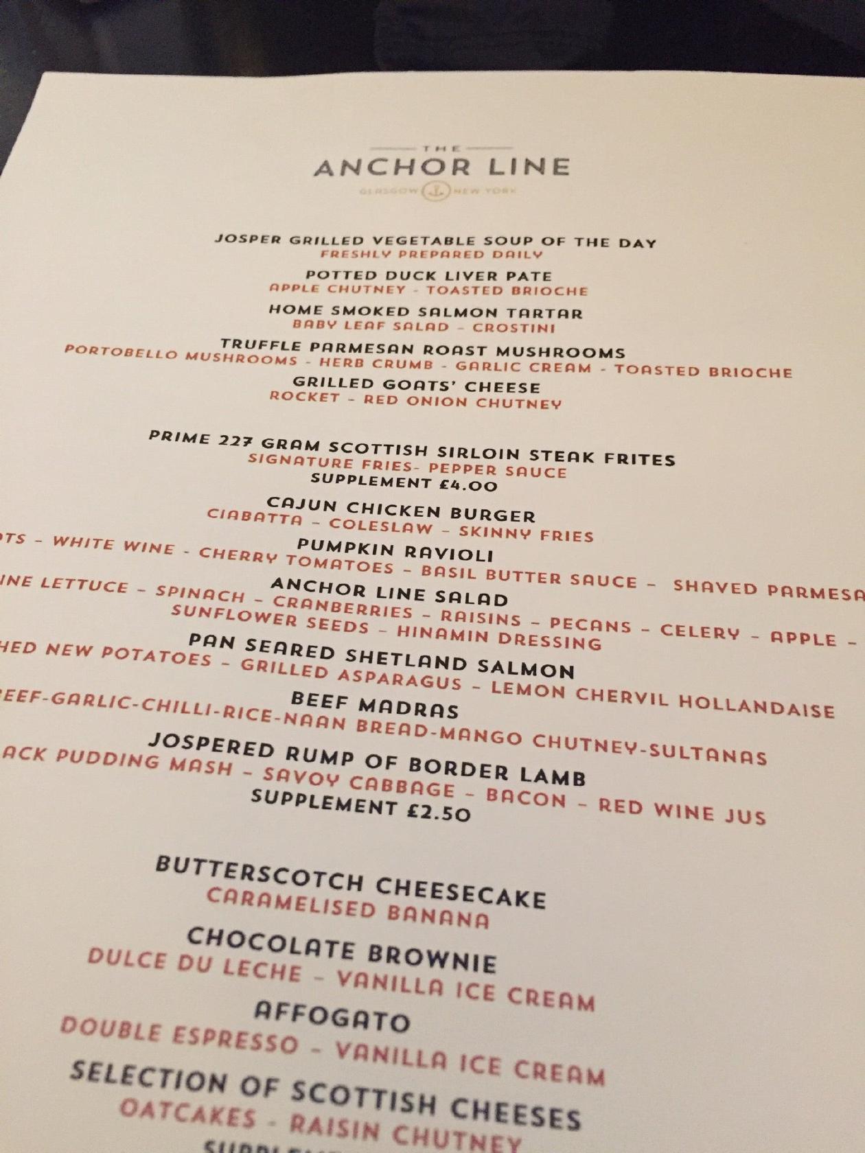 Menu at The Anchor Line steakhouse, Glasgow