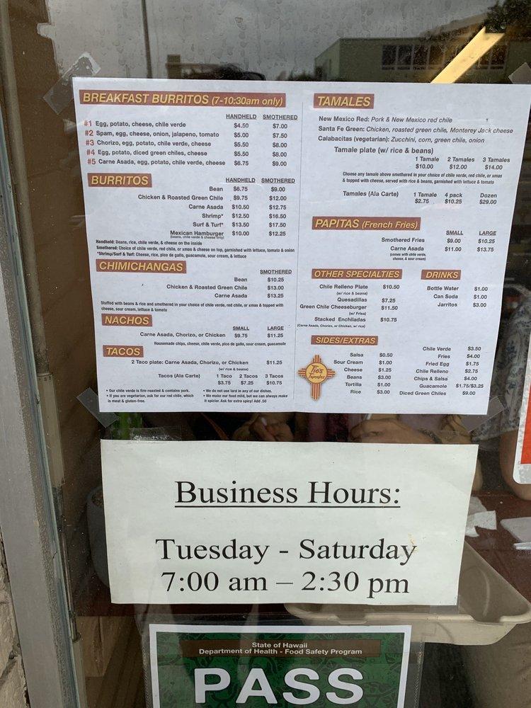 Menu at Tio's Tamales restaurant, Honolulu