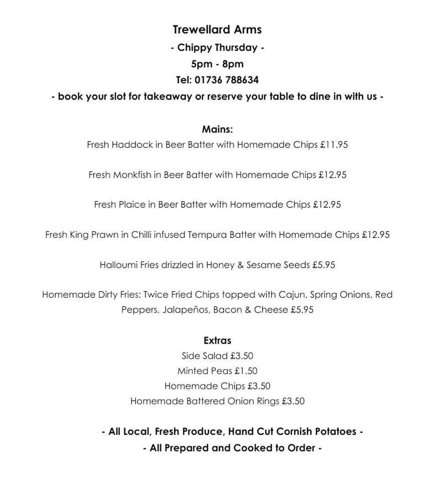 Menu at Trewellard Arms restaurant, Pendeen