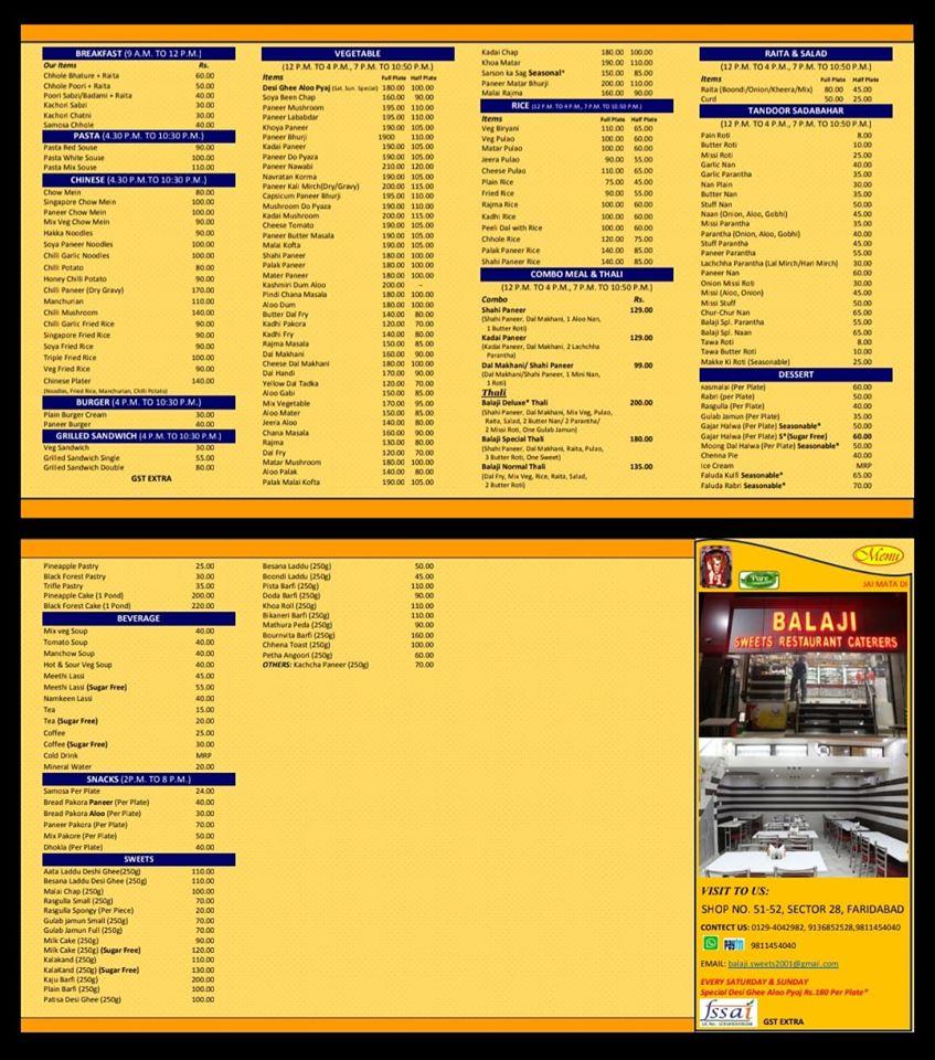 Menu at Balaji Sweets Restaurent, Faridabad