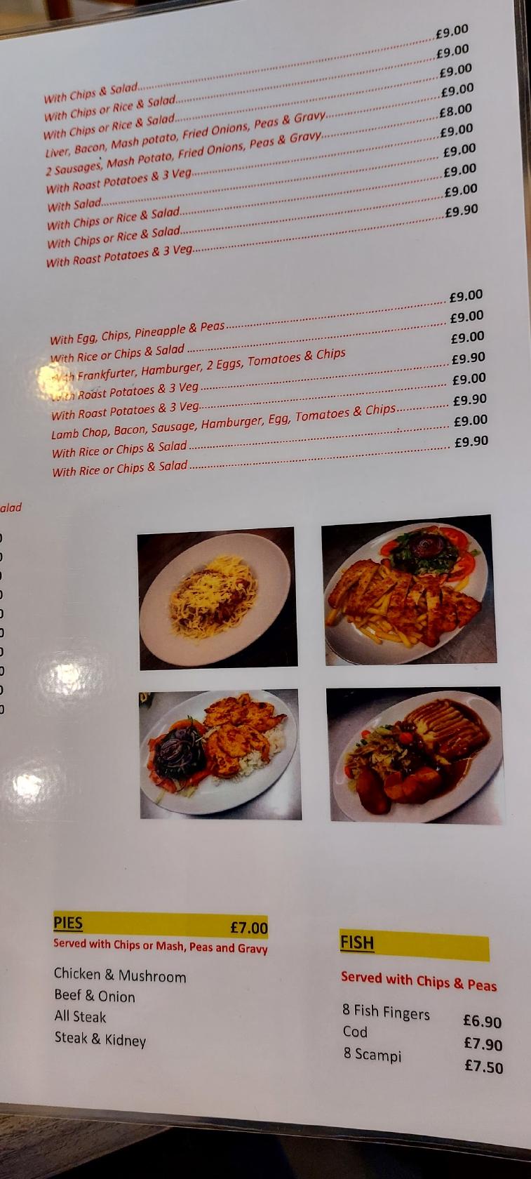 Menu at Cafe Sizzles, London, 79 Chapel Market