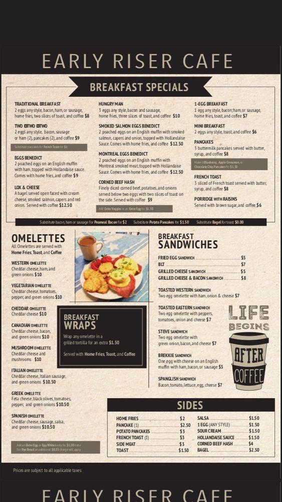 Menu at Early Riser Cafe on Wonderland, London
