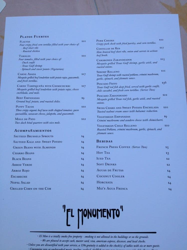 Menu at El Monumento pub & bar, Georgetown