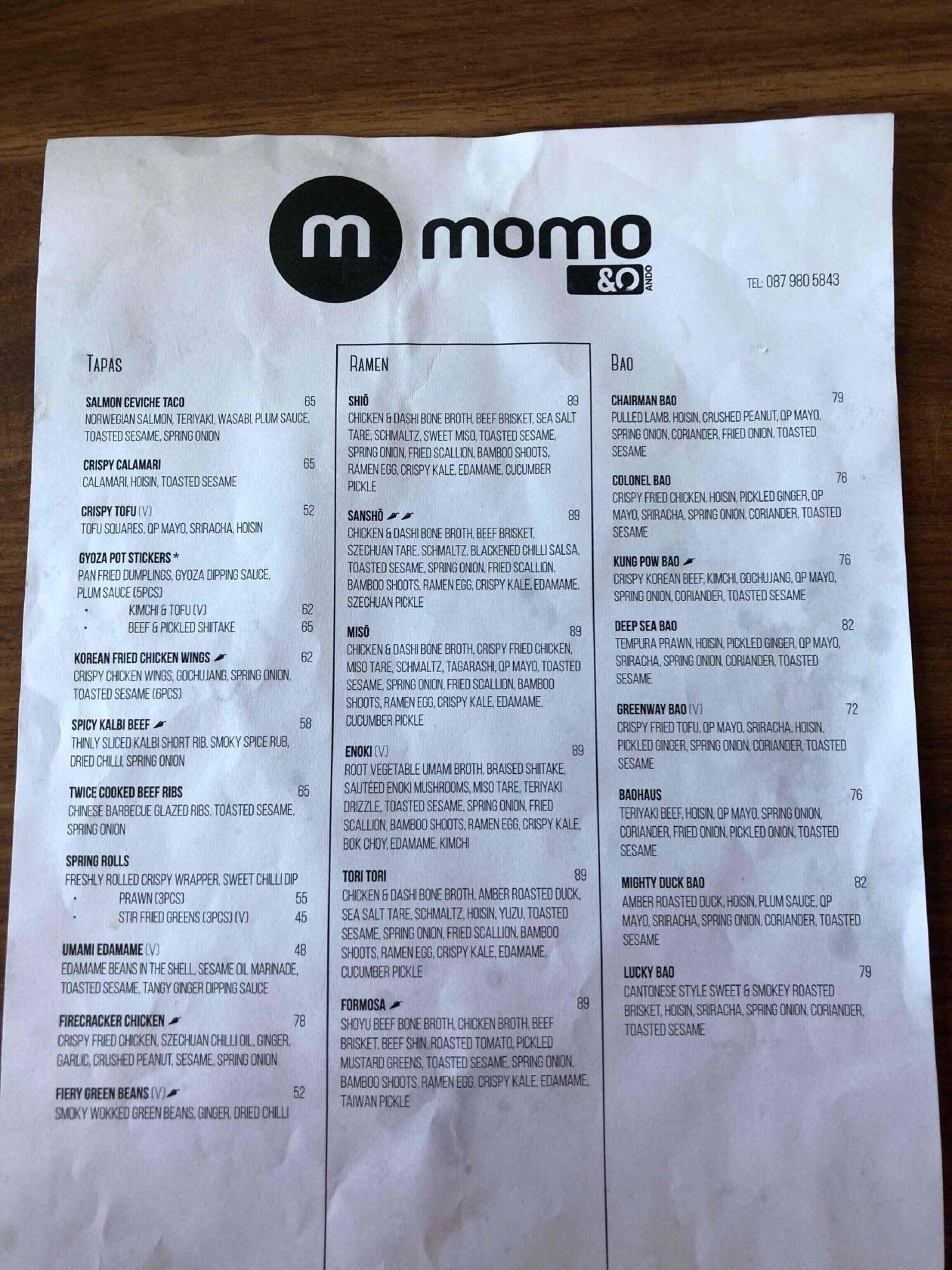 Menu at Momo &O restaurant, Johannesburg