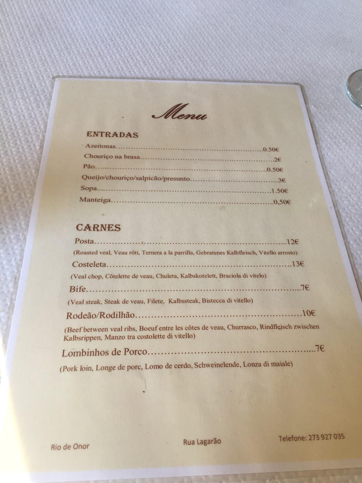 Menu em O Trilho de Onor restaurante, Portugal