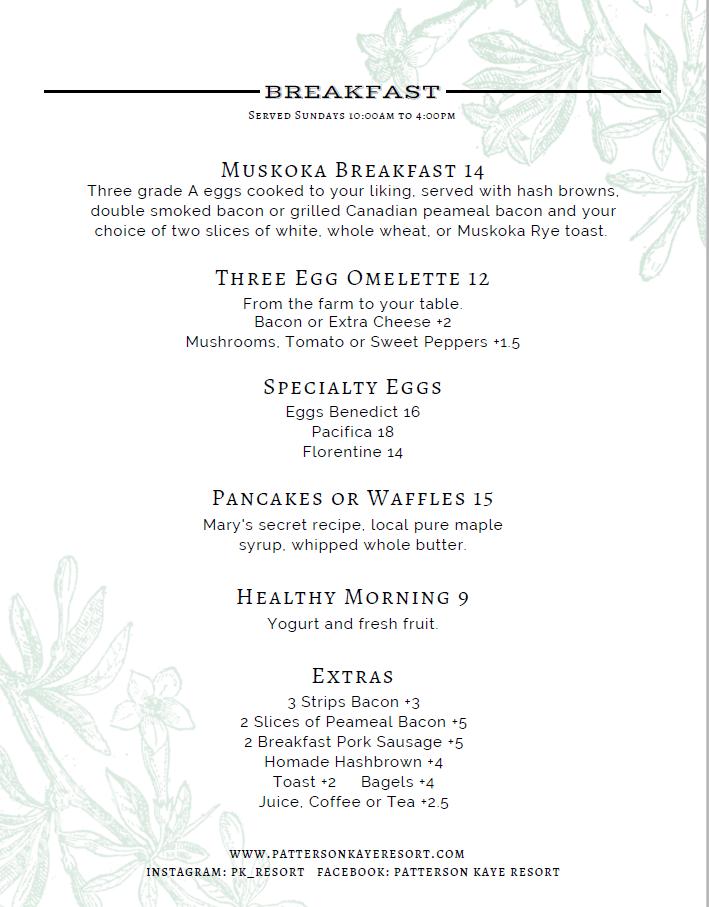 Menu at Patterson Kaye Resort & Seasons Restaurant, Bracebridge
