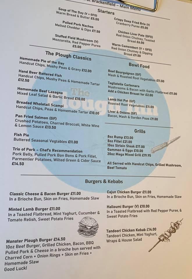 Menu at The Plough Inn at Brackenfield pub & bar, South Wingfield