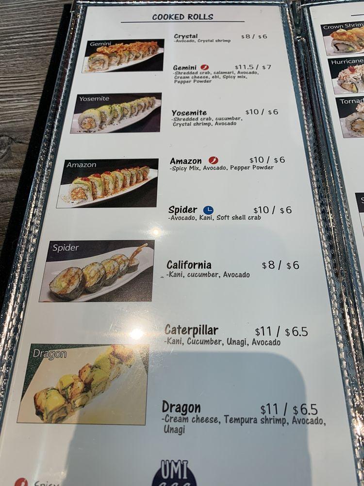 Menu at Umi Sushi restaurant, Reno