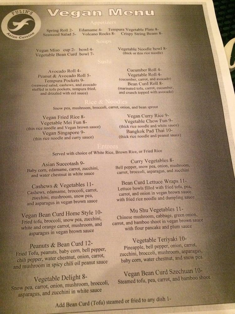 Menu at Fulin's Asian Cuisine restaurant, Cleveland