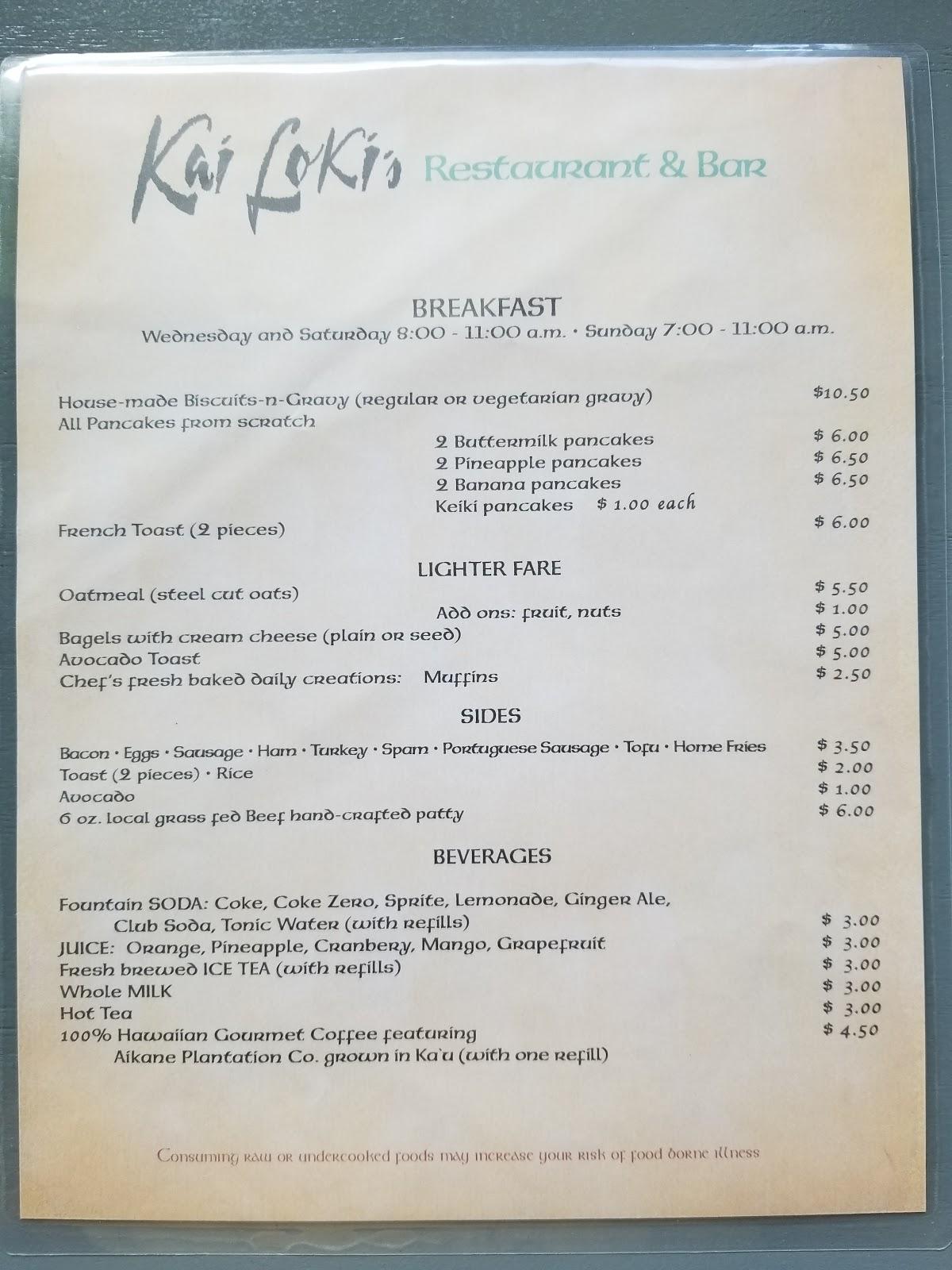 Menu at KaiLoki’s Restaurant Southernmost bar in the U.S, Ocean View