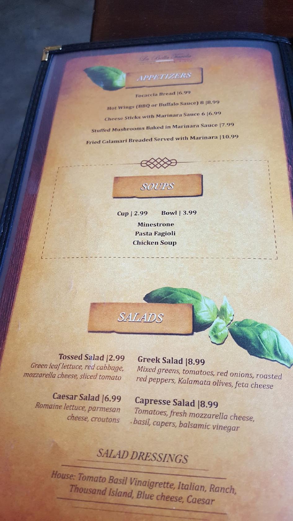 Menu at La Bella Tavola restaurant, Cuero