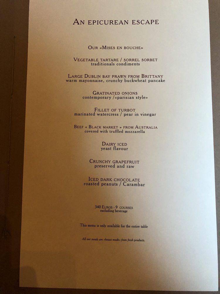 Menu at Le Cinq restaurant, Paris, 31 Av. George V