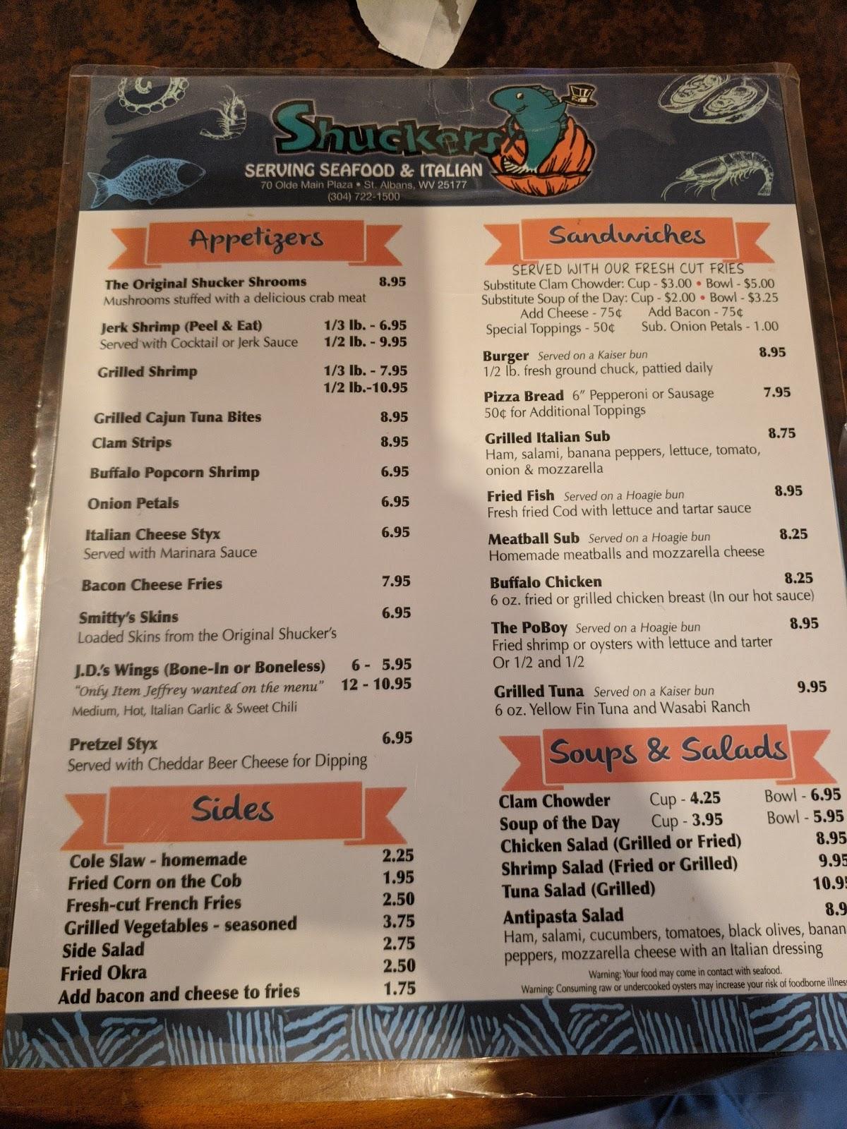 Menu at Shuckers restaurant, Saint Albans