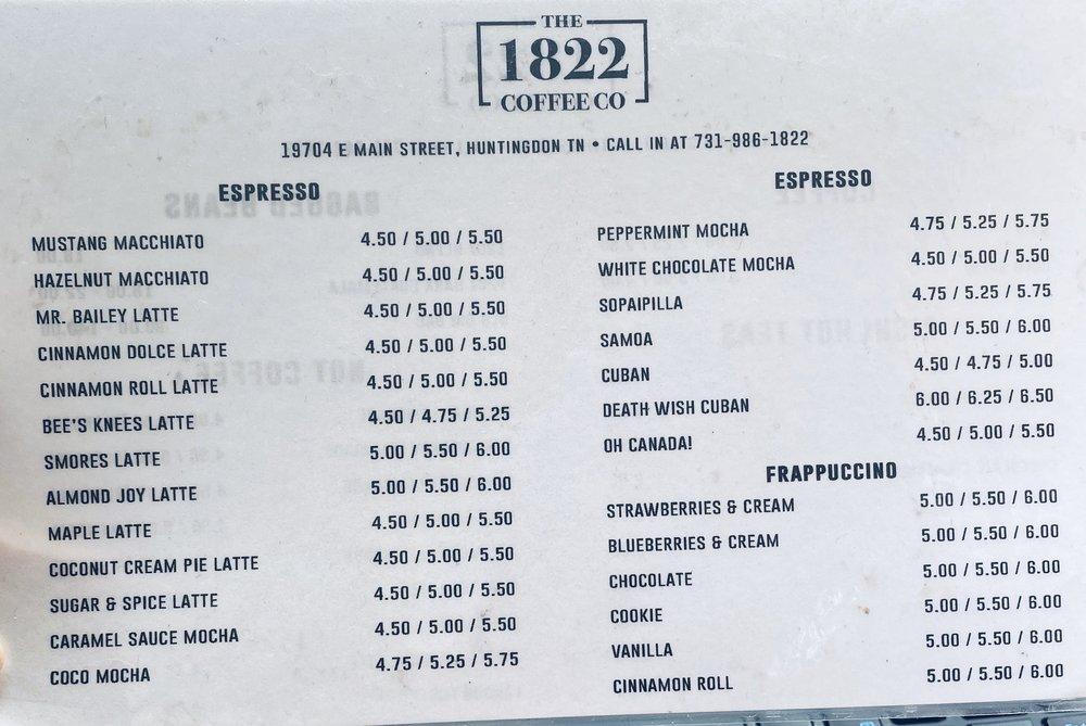 Menu at The 1822 Coffee Co., Huntingdon