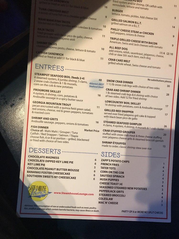 Menu at The Steamhouse Lounge pub & bar, Atlanta, W Peachtree St NW