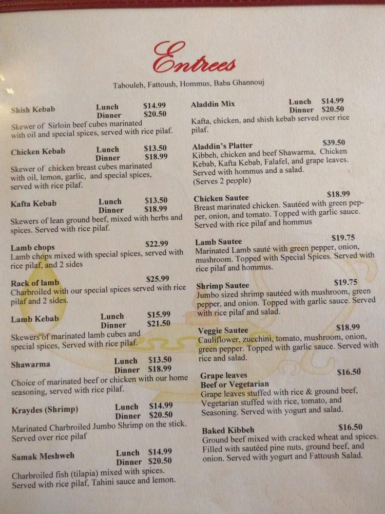 Menu at Aladdin Restaurant, West Reading