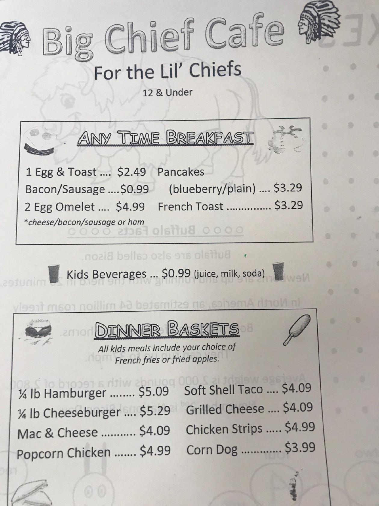 Menu at Big Chief Cafe, Fergus Falls, Big Chief Rd