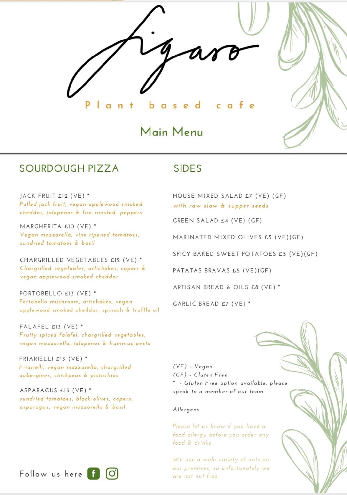 Menu at Figaro restaurant, Chesterfield