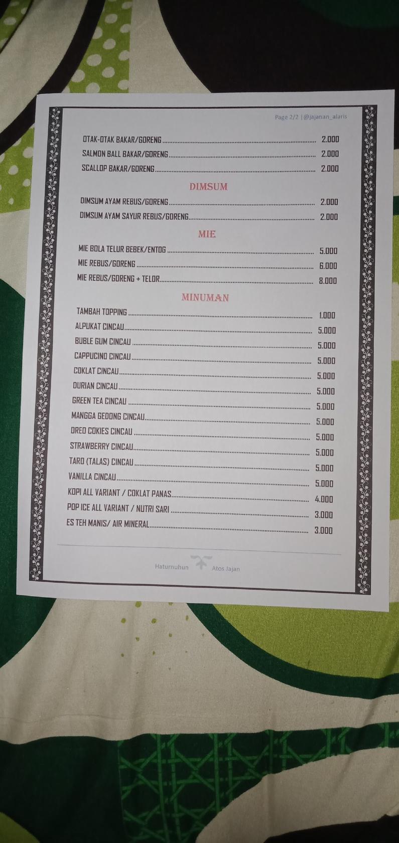 Menu at Jajanan Alaris cafe, Kutapohaci