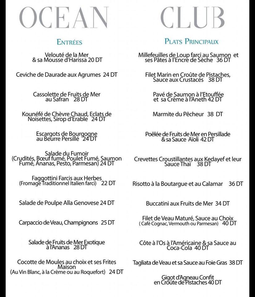 Speisekarte von Ocean Club, La Marsa