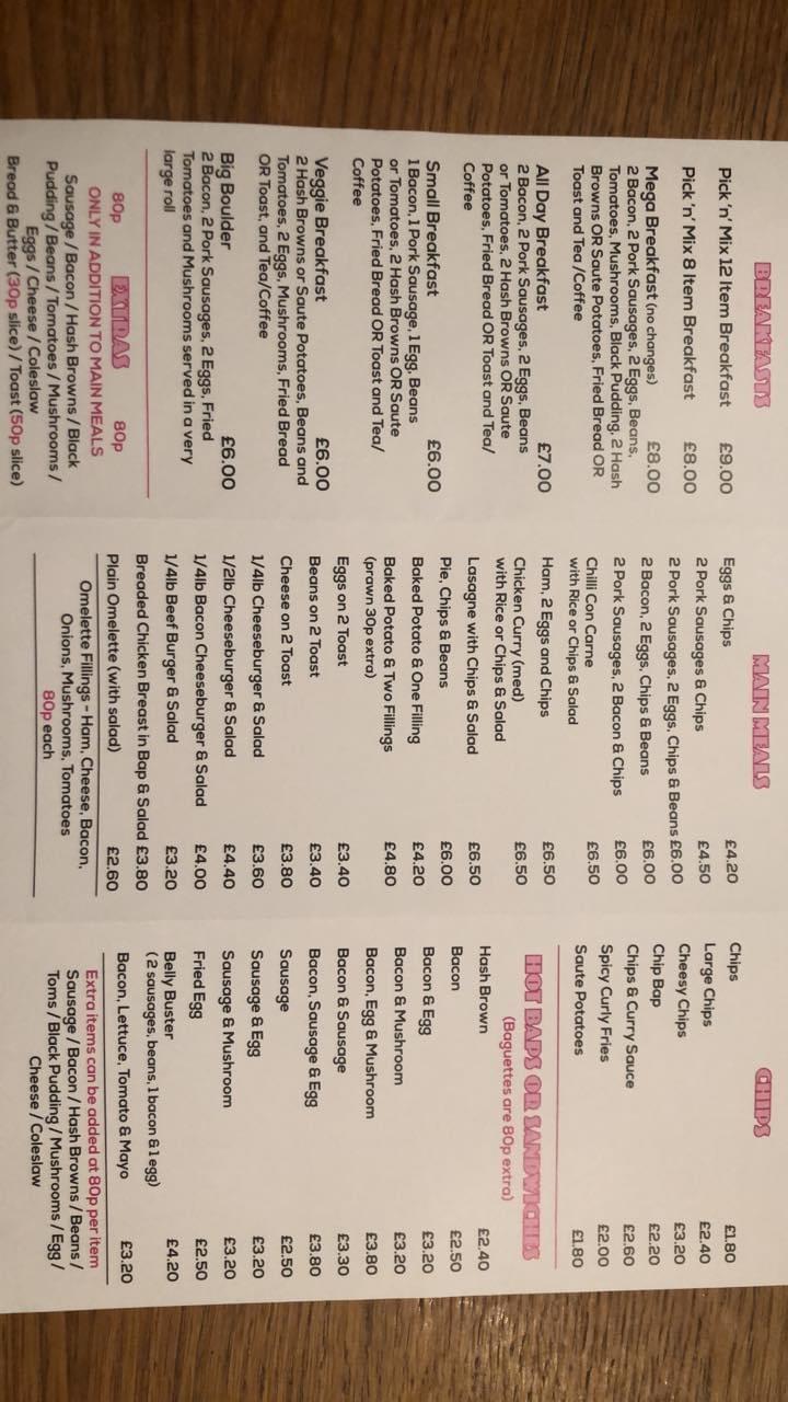 Menu at Porkys cafe, Radstock