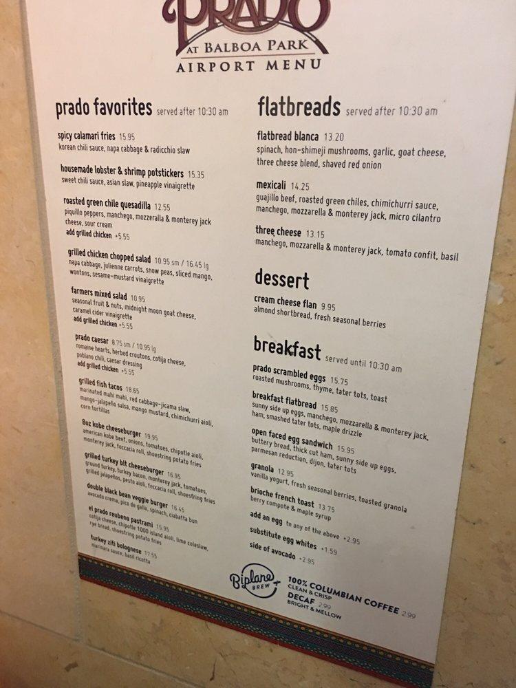 Menu at Prado at the Airport pub & bar, San Diego