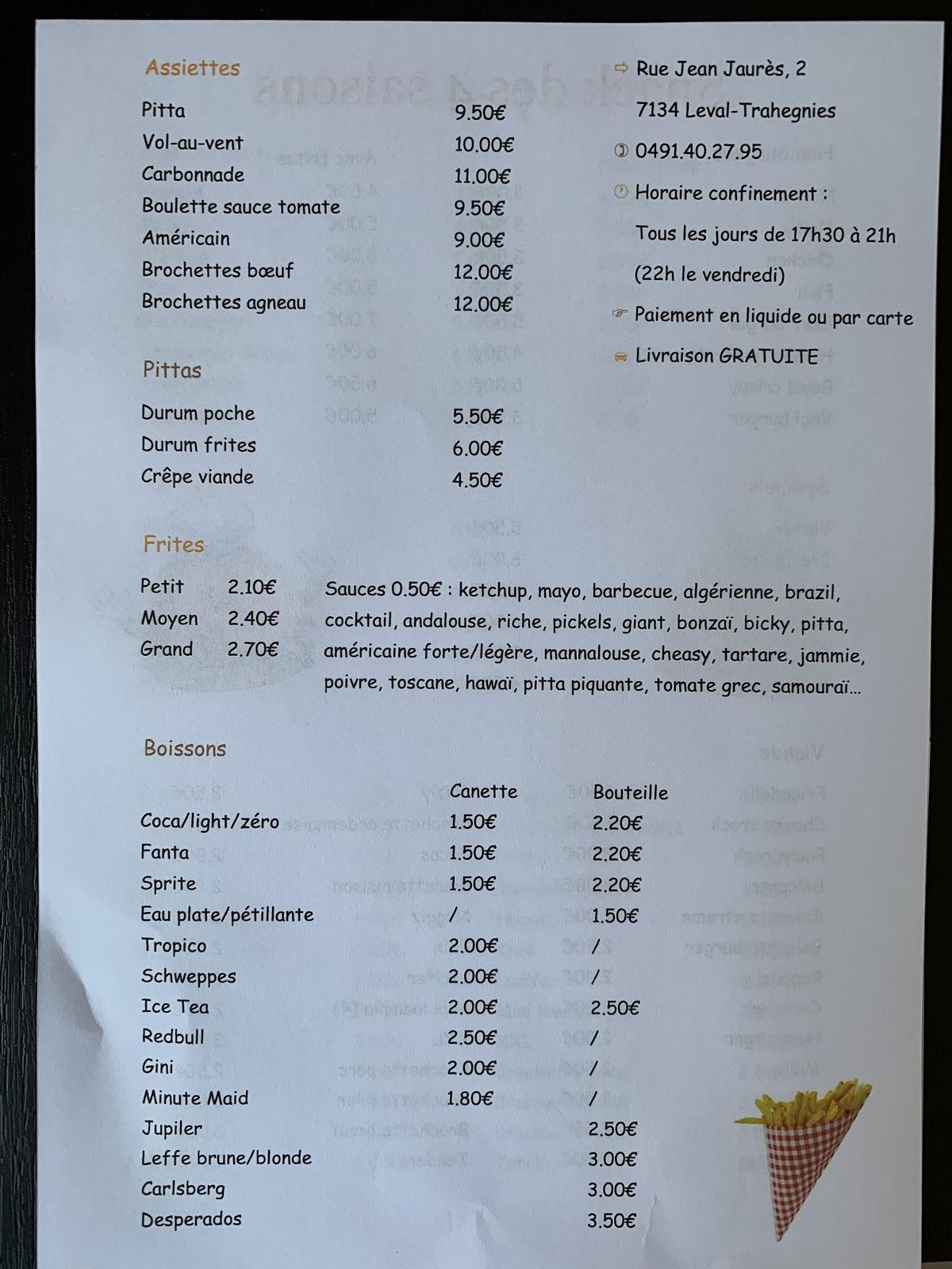 Speisekarte von Snack des 4 saisons, Binche