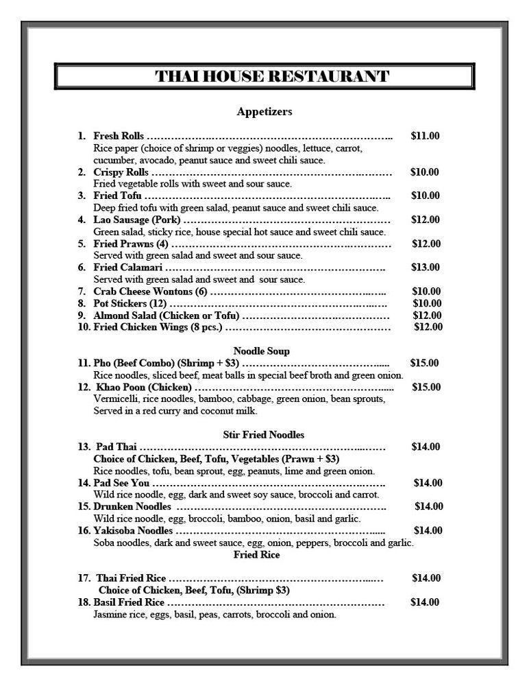 Menu at Thai House Restaurant, Redding