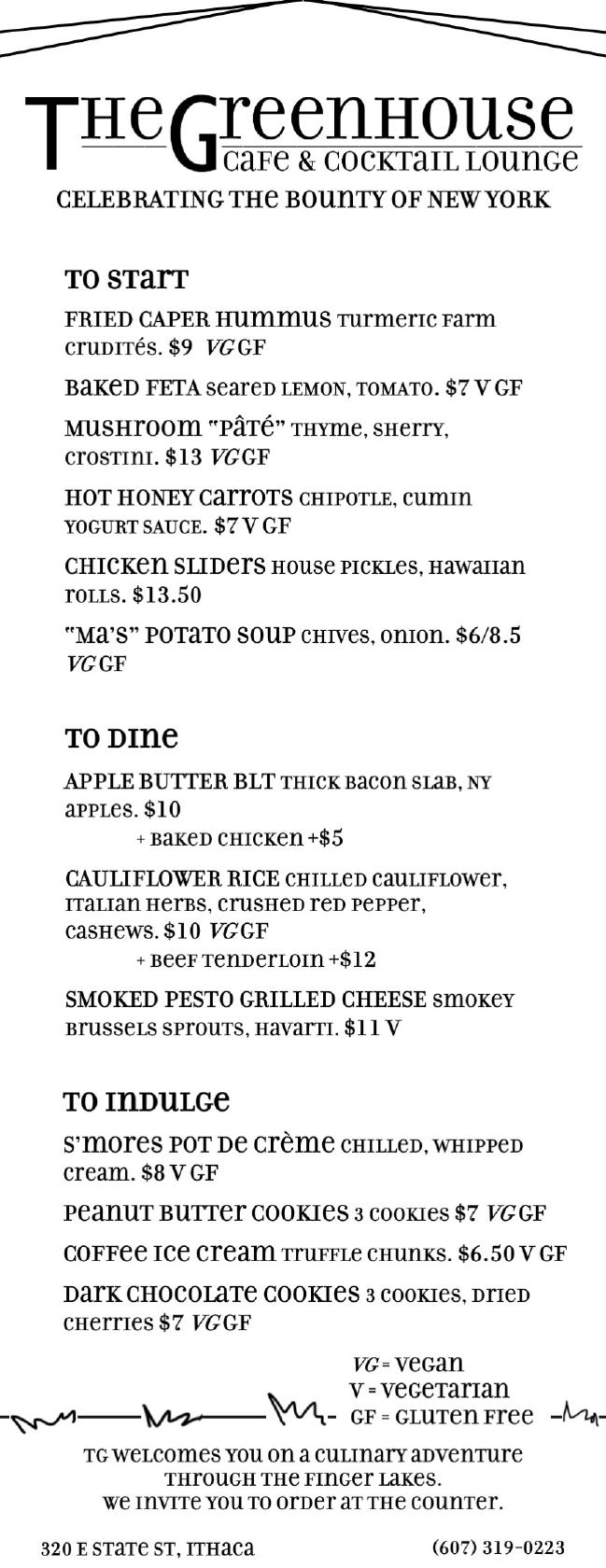 Menu at The Greenhouse Cafe & Cocktail Lounge, Ithaca