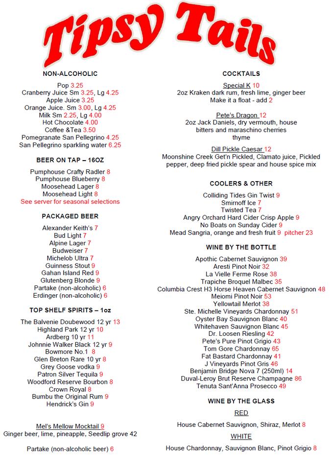 Menu at Tipsy Tails Restaurant, Alma