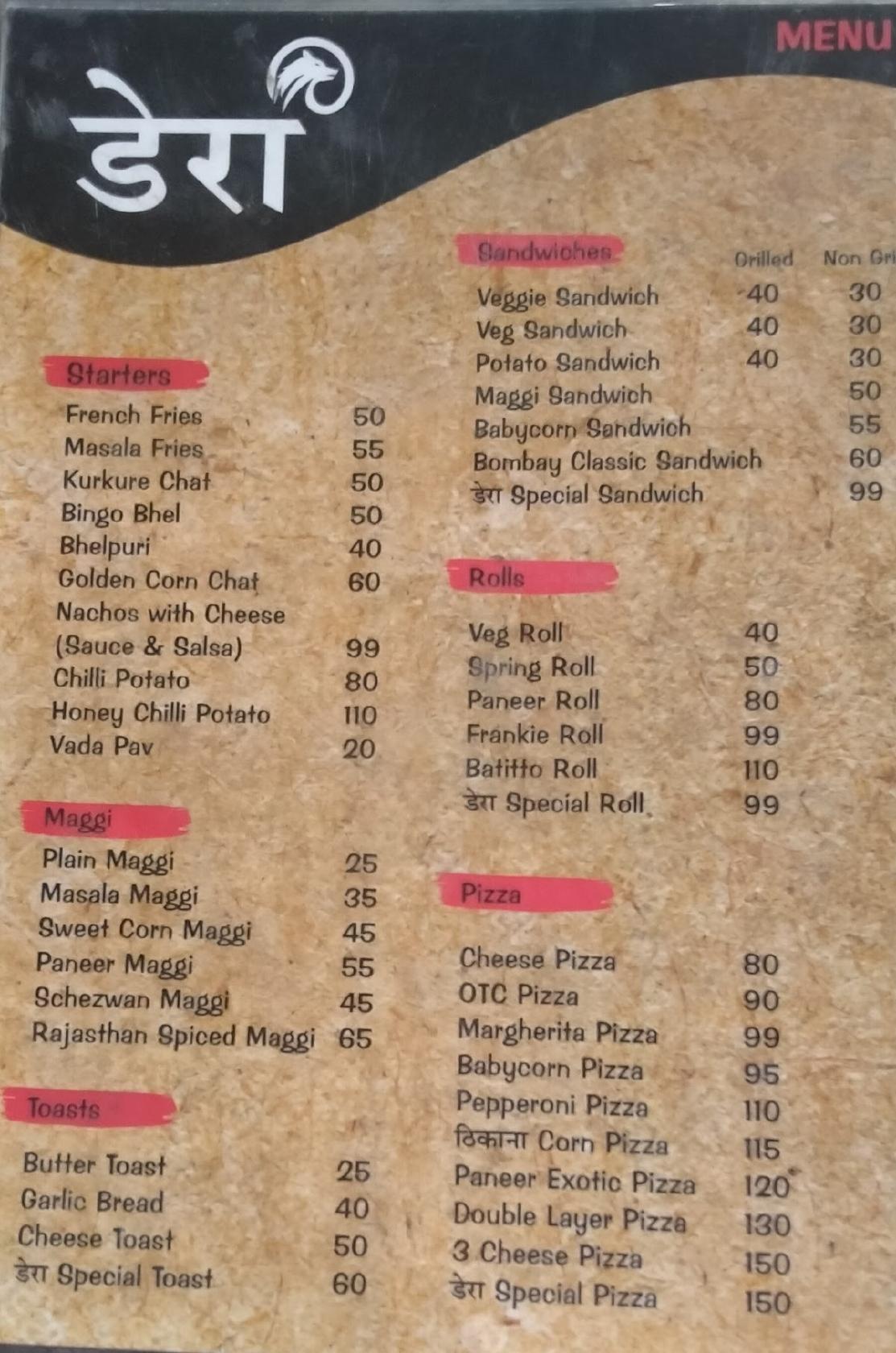 Menu at Dera, Jaipur