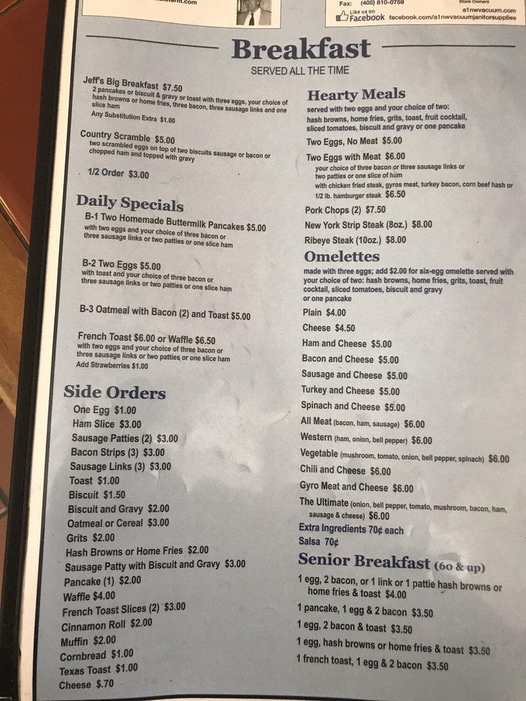 Menu at Jeff's Country Cafe, Oklahoma City