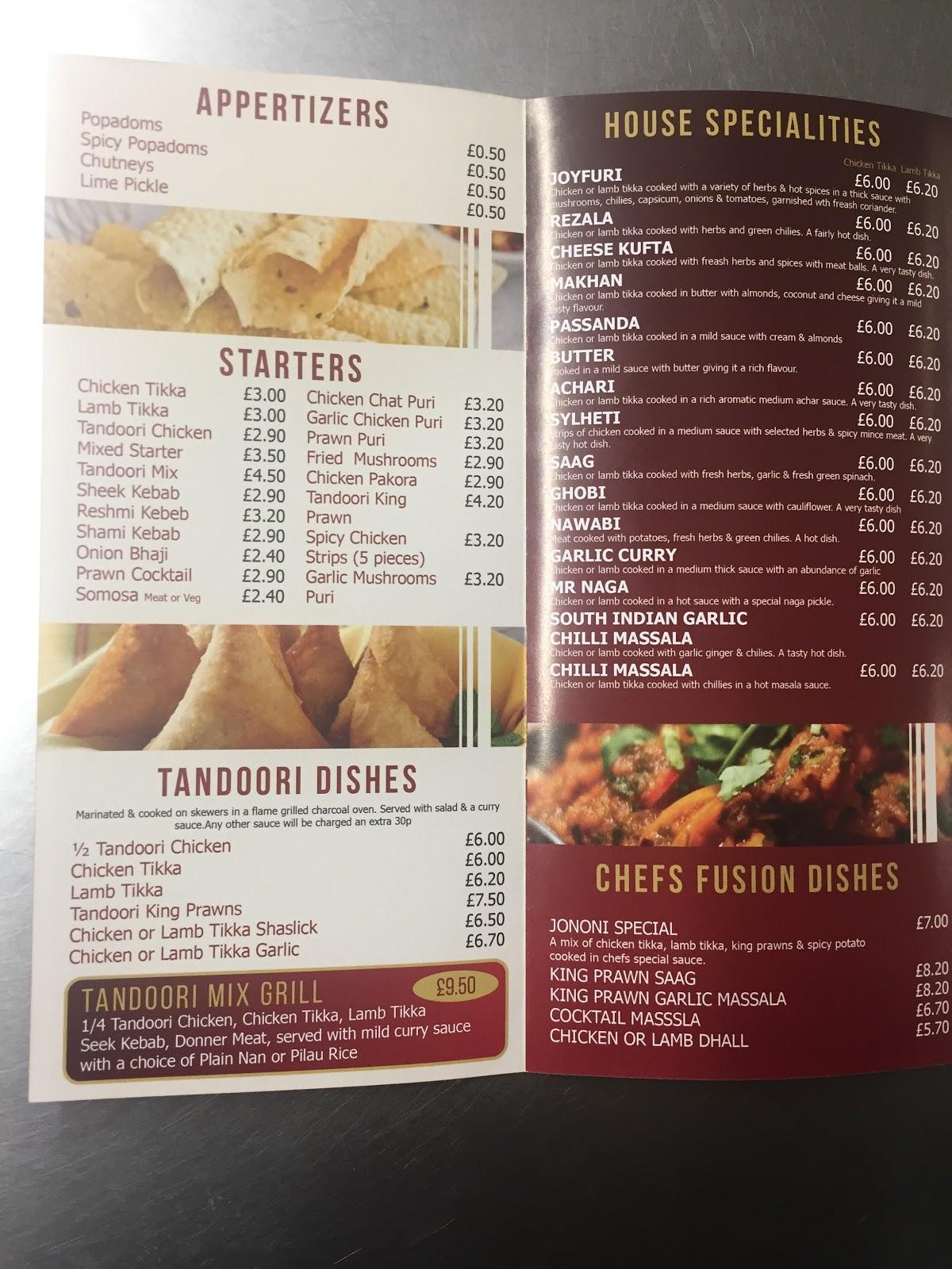 Menu at Jononi balti fast food, Freckleton