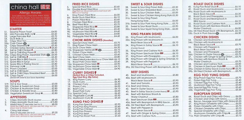 Menu at China Hall fast food, Southam