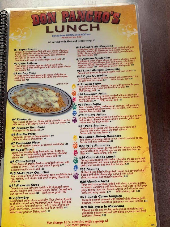 Menu at Don Pancho's Mexican Restaurant, Antlers