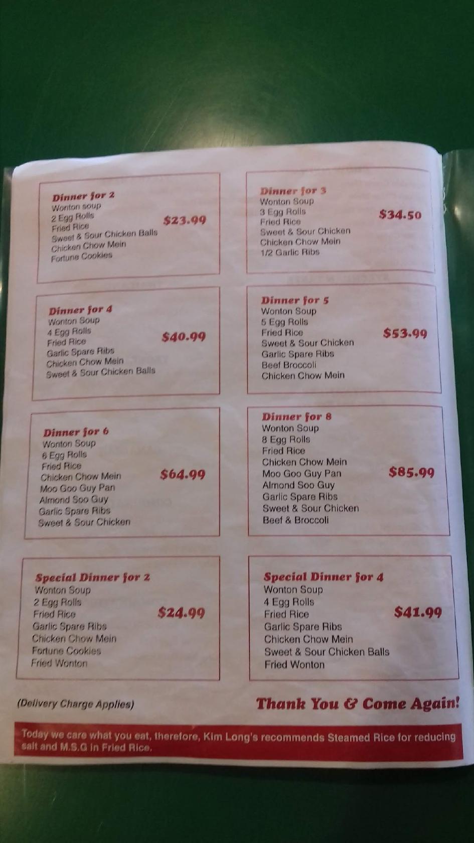 Menu at Kim Long Restaurant, Moncton