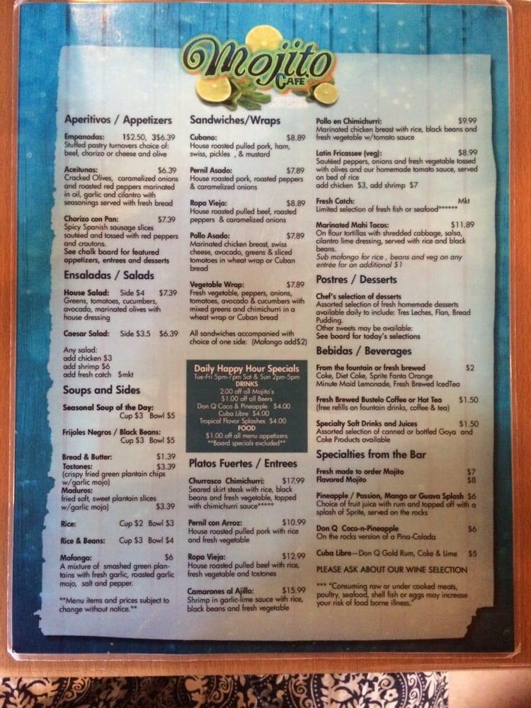 Menu at Mojito Cafe, Virginia Beach