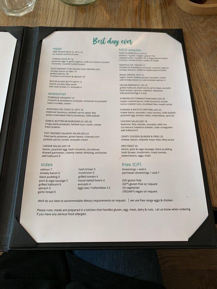 Carta de Neo Cafe & Eatery, Wellington