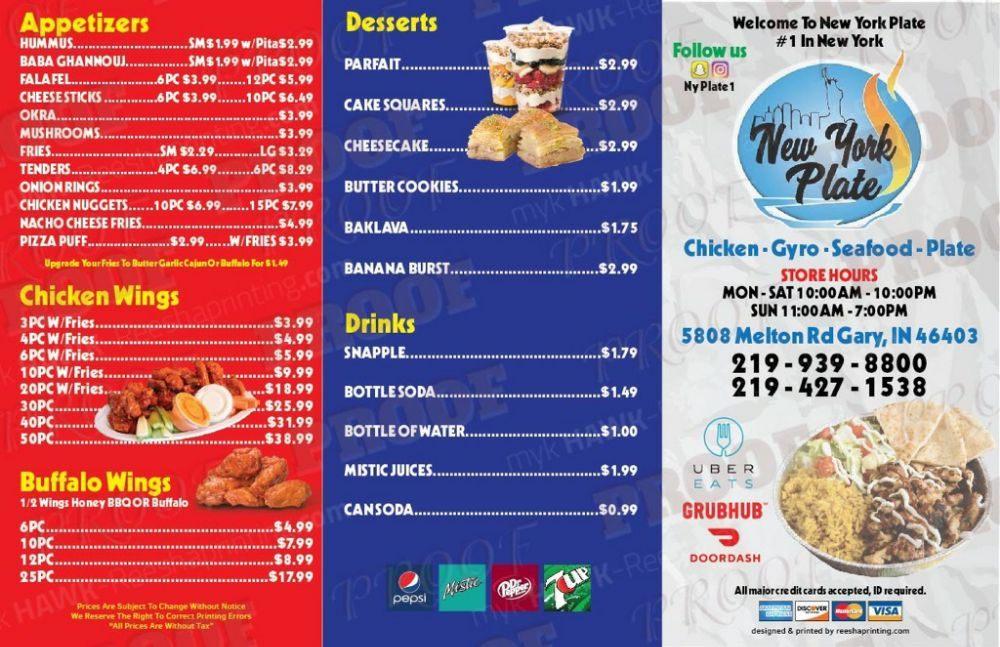 Menu at New York Plate restaurant, Gary