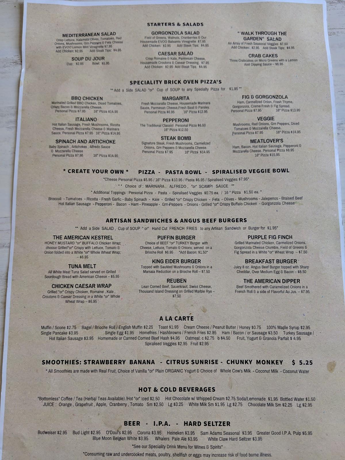 Menu at Puffins restaurant, Millbury
